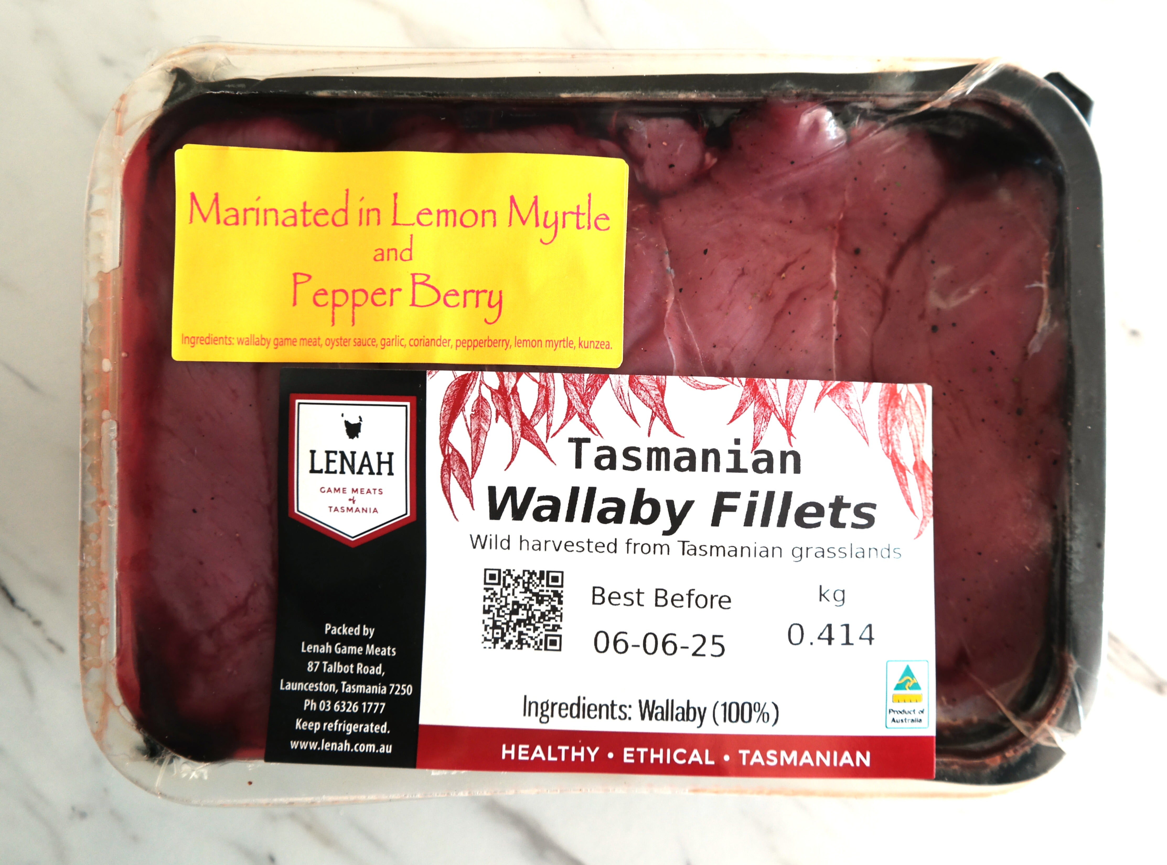 Wallaby fillet – marinated in pepperberry and lemon myrtle 400gm – Lenah Game Meats